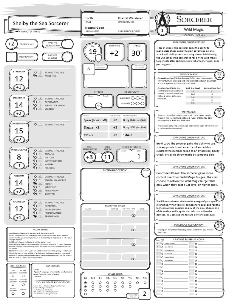 456029-Class Character Sheet Sorcerer V1.1 Fillable | PDF