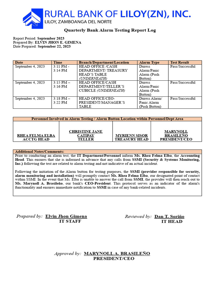 Quarterly Bank Alarm Testing Report | PDF