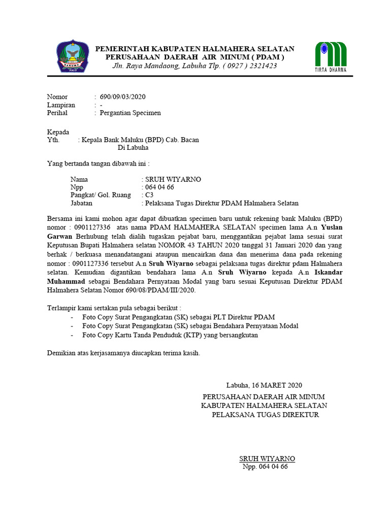 Pergantian Specimen Rekening PDAM Halmahera | PDF