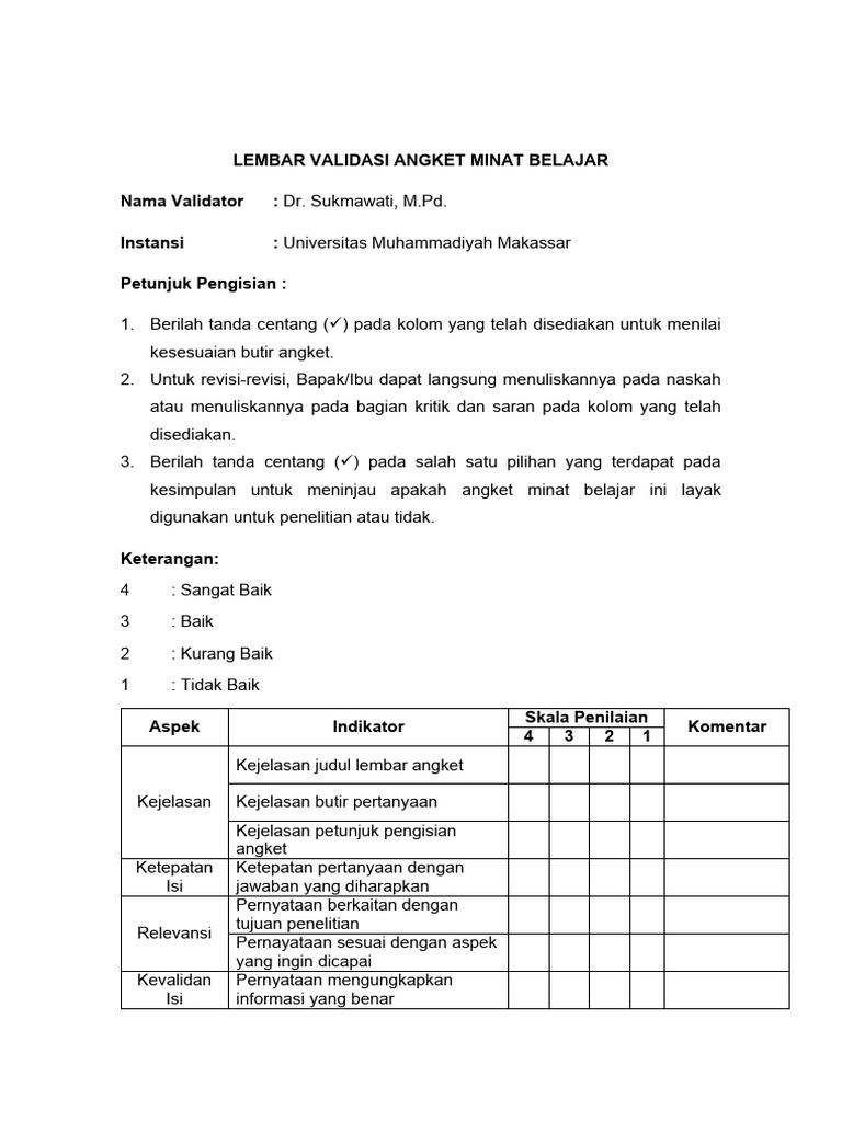 LEMBAR VALIDASI ANGKET MINAT | PDF