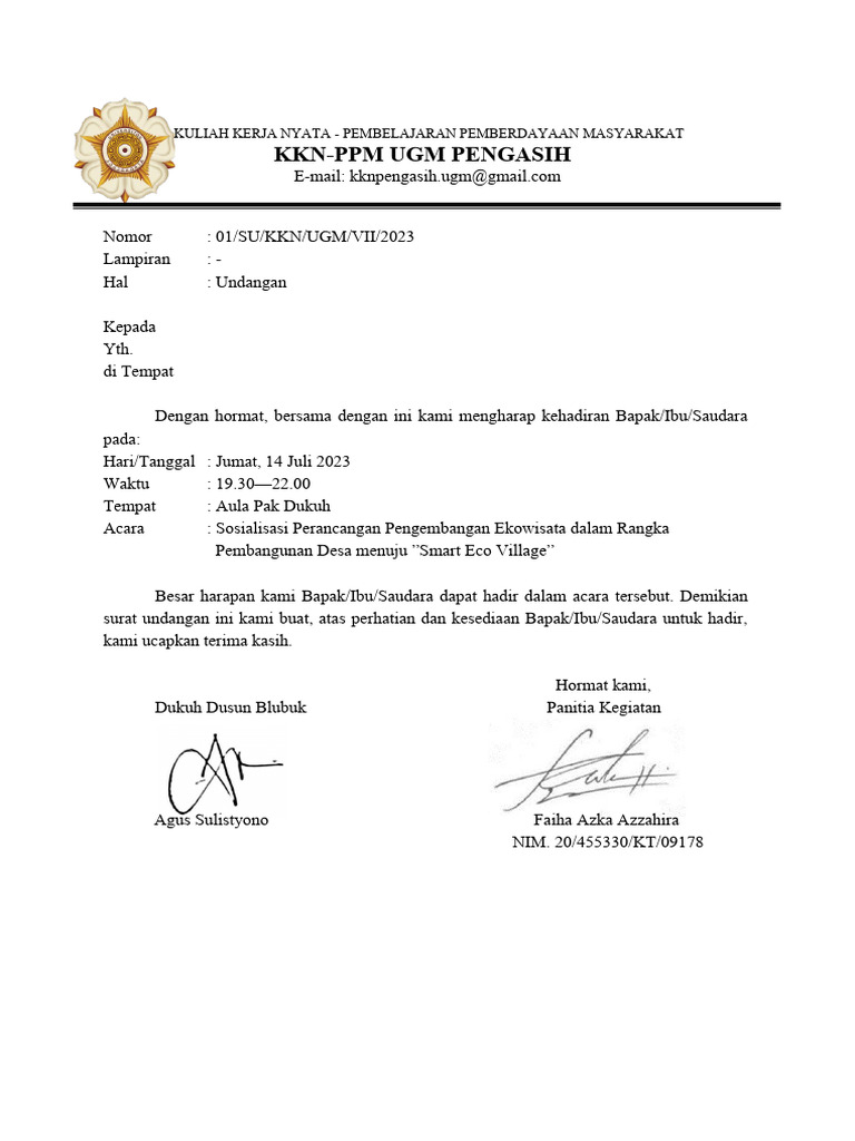 Surat Undangan Sosialisasi Perancangan Pengembangan Ekowisata - KKN UGM ...