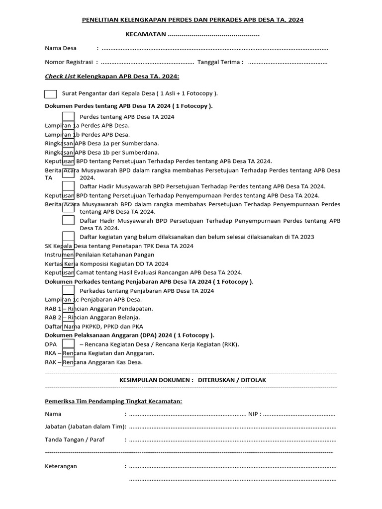 Checklist Kelengkapan APB Desa TA 2024 Kec | PDF