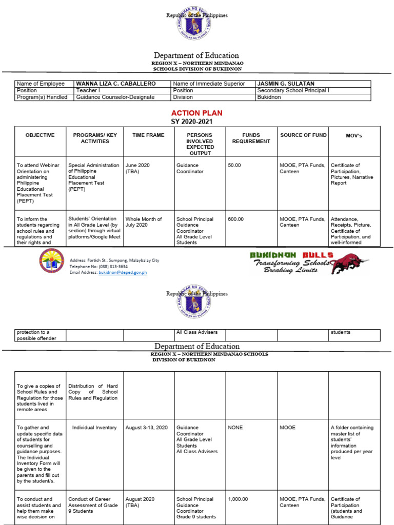 LNHS Guidance Action Plan 2020-2021 | PDF