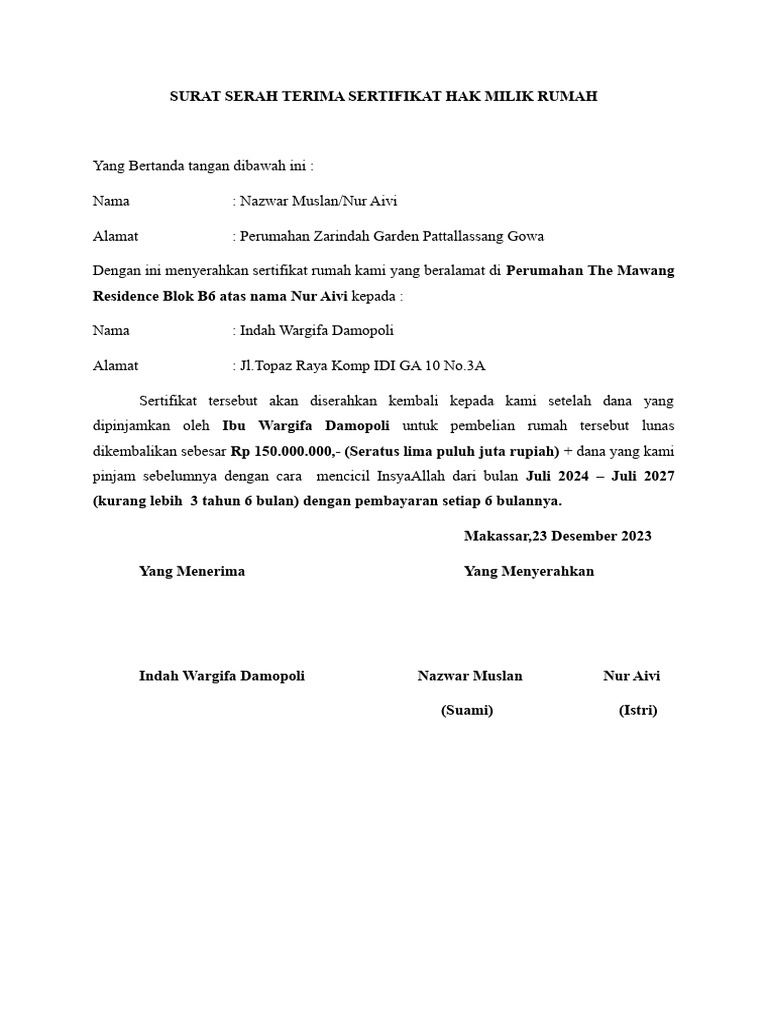 Surat Serah Terima Sertifikat Rumah | PDF