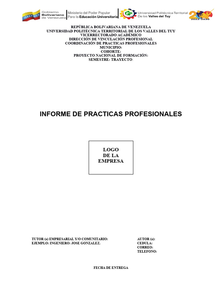 Modelo de informe de Practicas Profesionales de la UPTVT | PDF