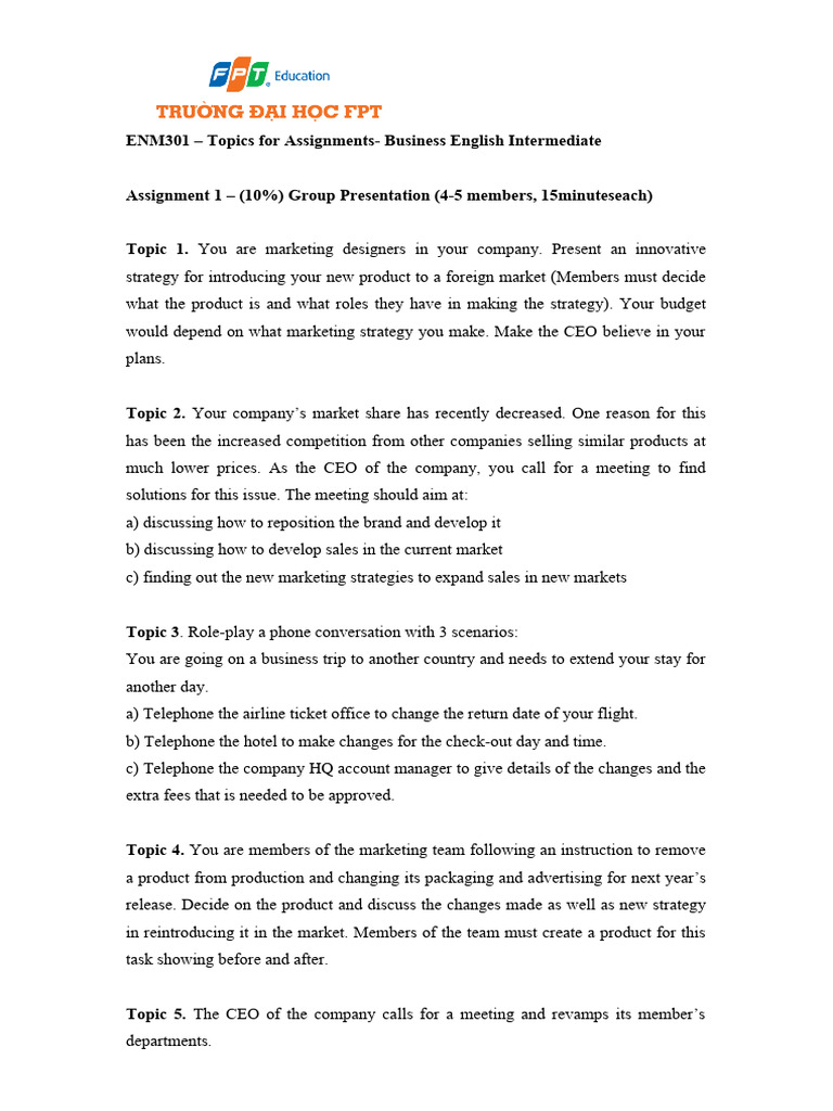 ENM 301 - Topics For Assignments | PDF | Recruitment | Marketing