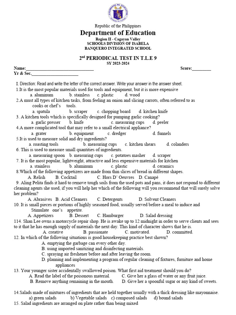 2nd Periodical Test in TLE 9 (Sy 2022-2023) | PDF | Grilling | Salad