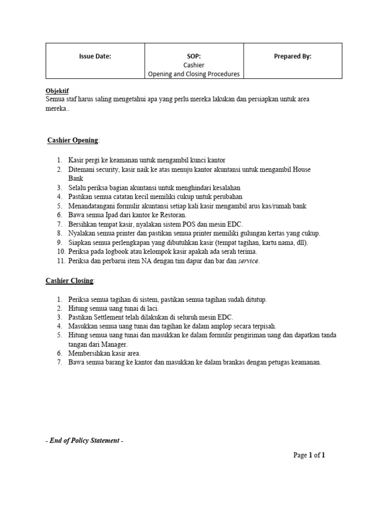 SOP 03, Cashier Opening and Closing Procedures | PDF