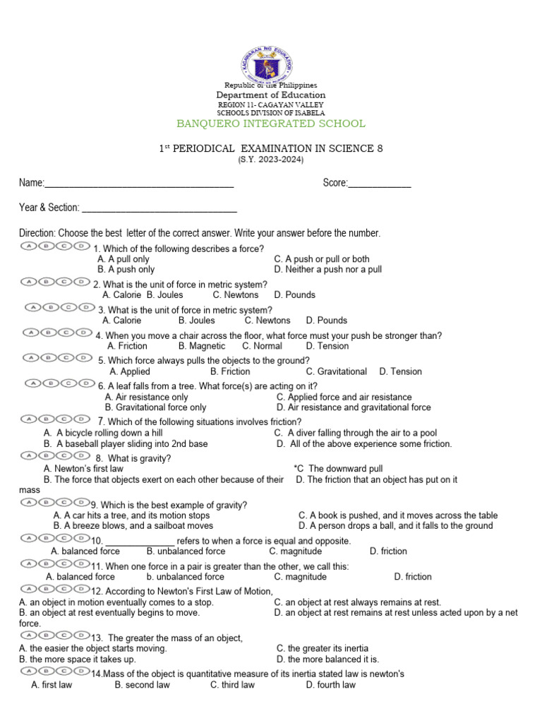 1ST Quarterly Examination in Science 8 (2023-2024) | PDF | Force | Waves