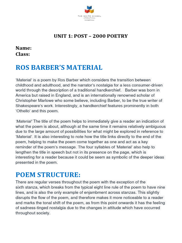 Analysis of Ros Barber's "Material" | PDF | Poetry | Narration
