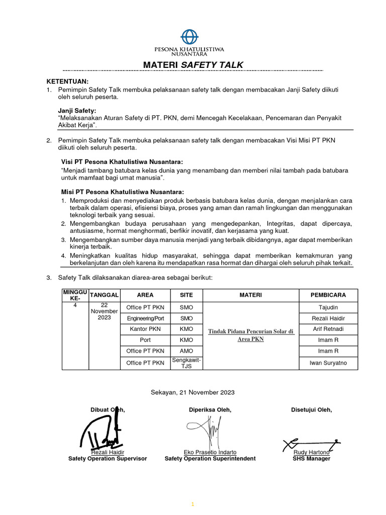 Materi Safety Talk Rev 1 - Ditandatangani - 231121 - 211841 | PDF