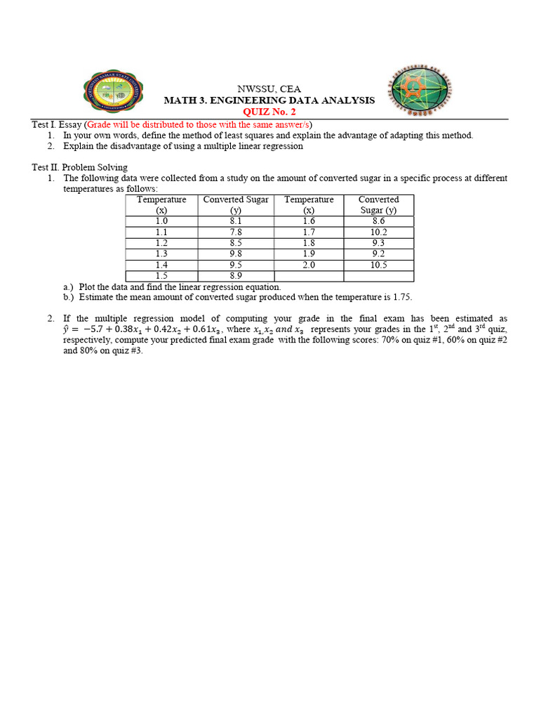 Engineering Data Analysis Quiz 2 | PDF