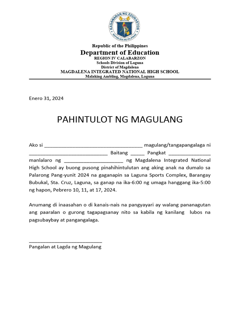 Pahintulot NG Magulang Unit Meet | PDF
