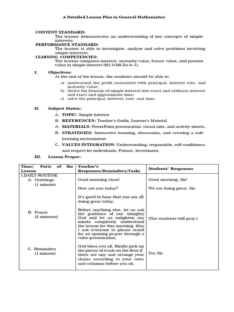 Simple Interest Lesson Plan | PDF
