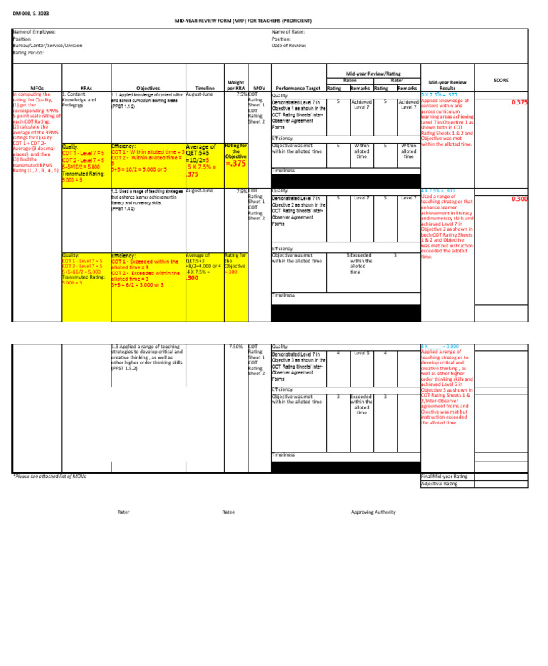 Midyear Review Form MRF For Teachers | PDF