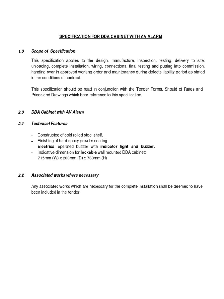 DDA Cabinet Specification with AV Alarm | PDF