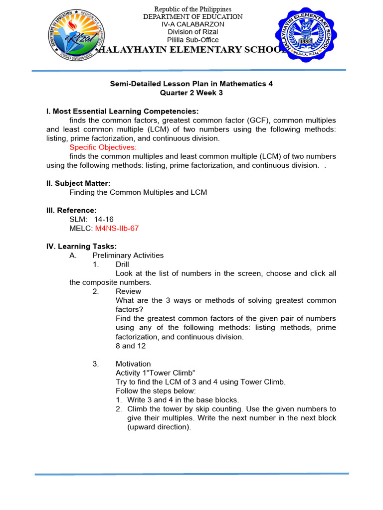Lesson Plan in Math Q2-Week 3 Least Common Multiple (LCM) | PDF ...