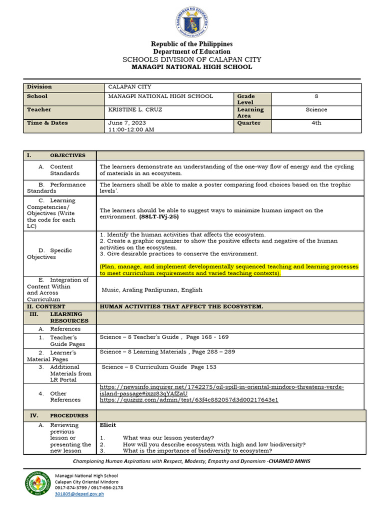 Cot Plan Science 8 Fourth Pdf Human Impact On The Environment