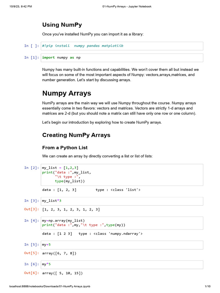 01-NumPy Arrays - Jupyter Notebook | PDF | Mathematical Physics | Computing 01-NumPy Arrays - Jupyter Notebook | PDF | Mathematical Physics | Computing