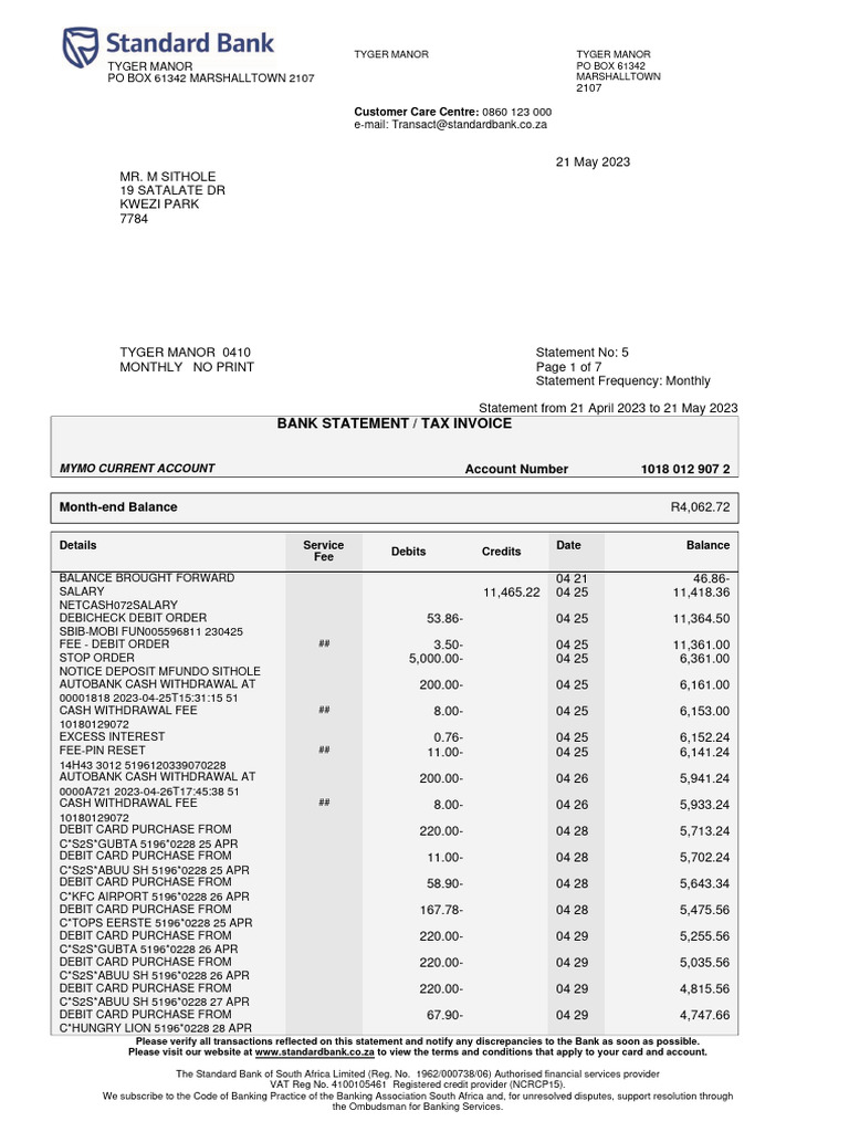 Bank Statement / Tax Invoice: Customer Care Centre: 0860 123 000 | PDF ...