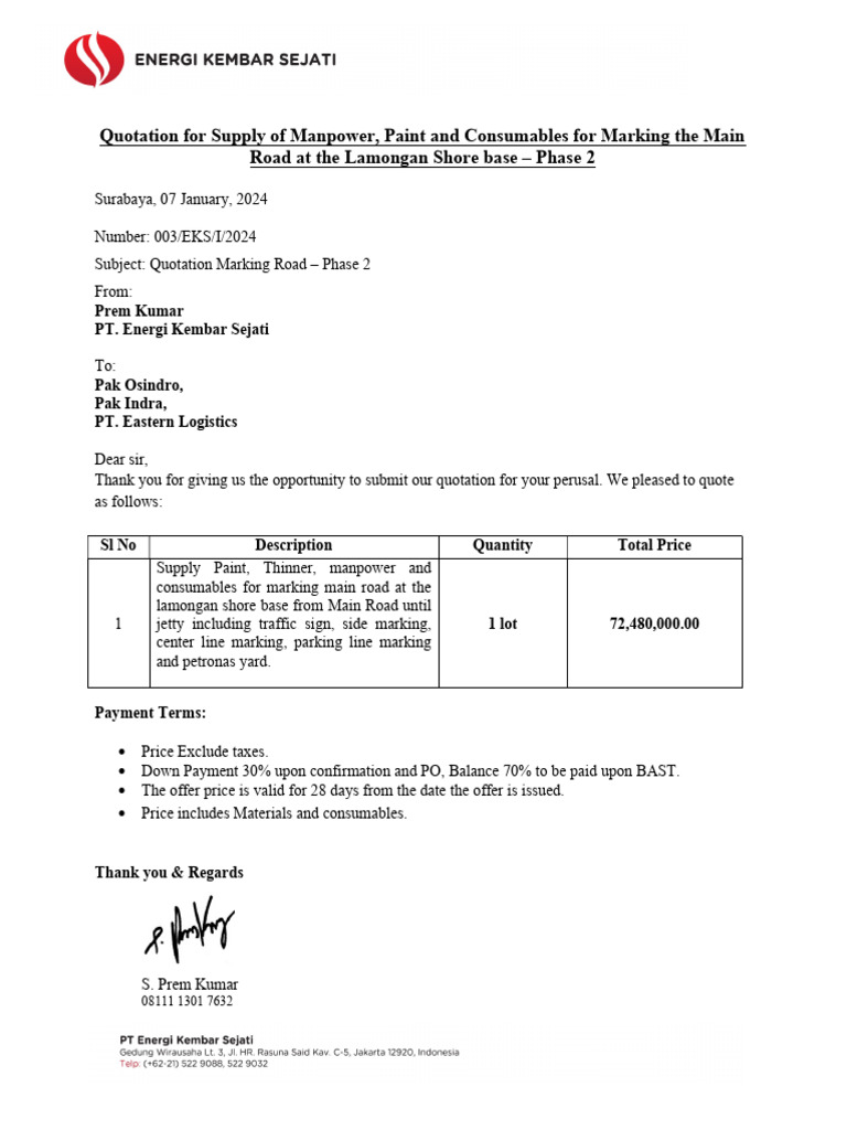 Manpower Supply Quotation EKS To Project - Marking Road Phase 2 | PDF ...