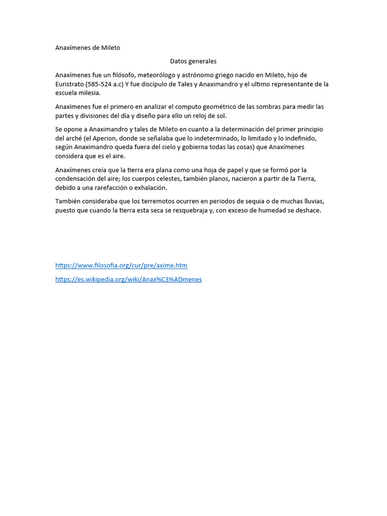 Anaxímenes de Mileto Datos Generales | PDF | Historia