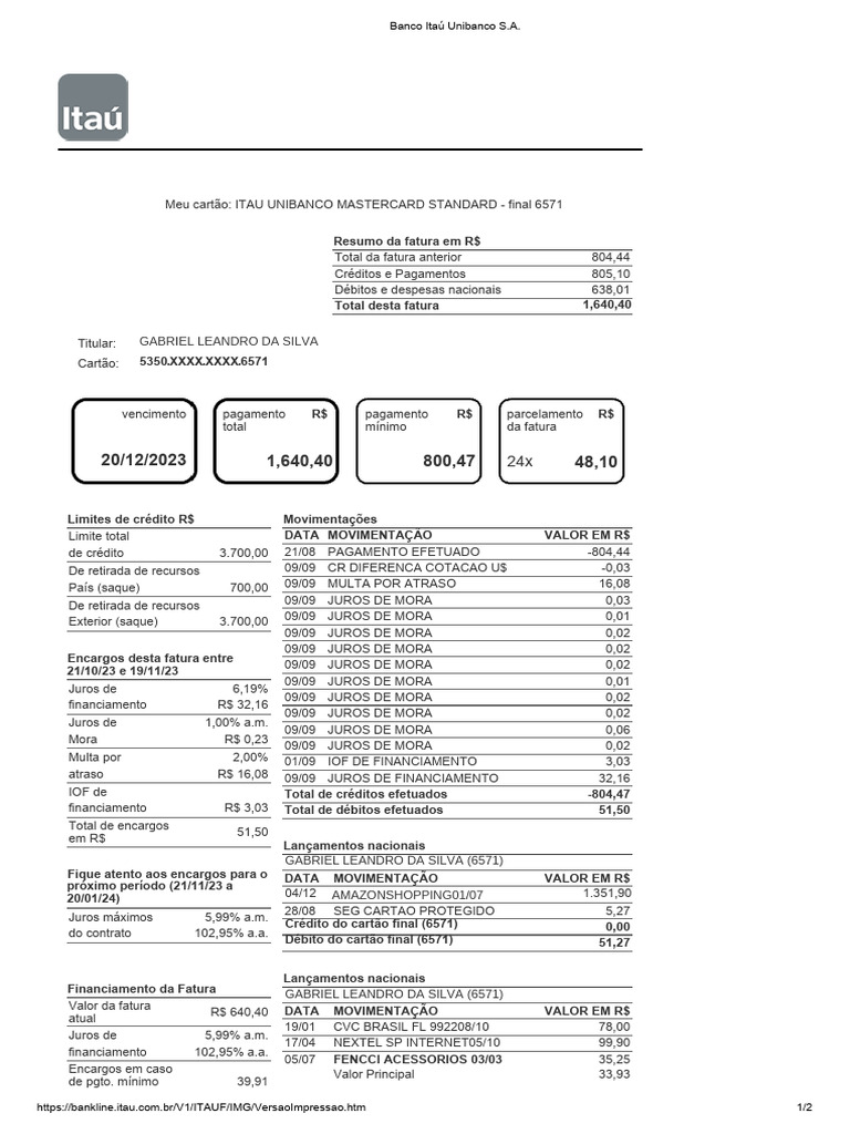 Fatura Itau (1) (1) | PDF | Setor privado | Bancos