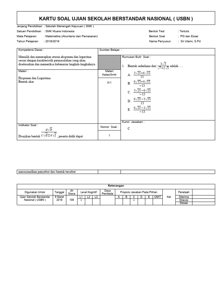 Kartu Soal Us Matematika Kelas 12 SMK | PDF