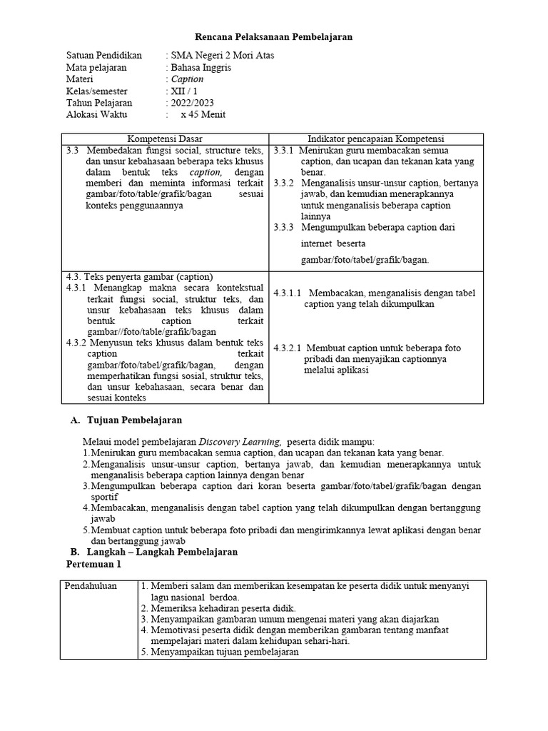 RPP Kelas Xii Caption | PDF