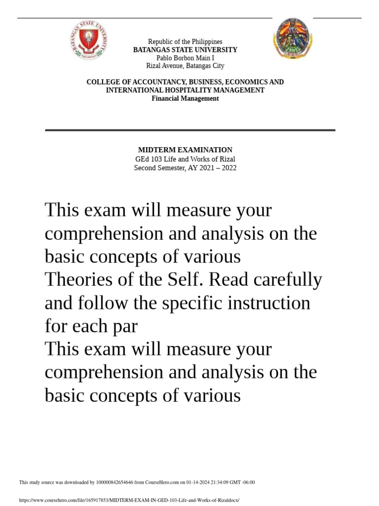 MIDTERM EXAM IN GED 103 Life and Works of Rizal | PDF
