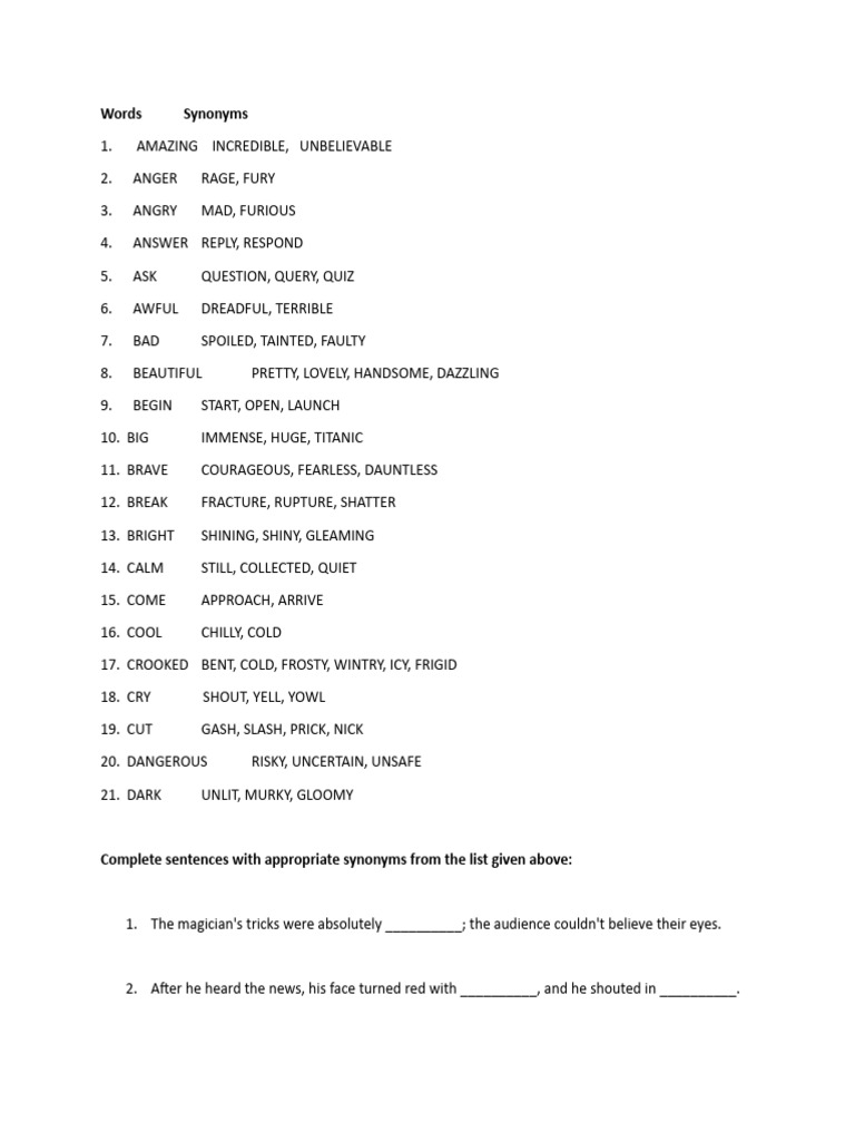 Synonyms Exercise 2 | PDF