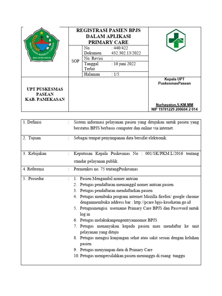 Sop Registrasi Pasien BPJS Dalam Aplikasi Primary Care | PDF