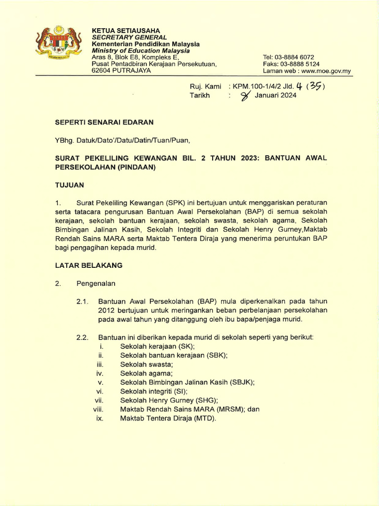 Surat Pekeliling Kewangan Bil. 2 Tahun 2023 Bantuan Awal Persekolahan ...