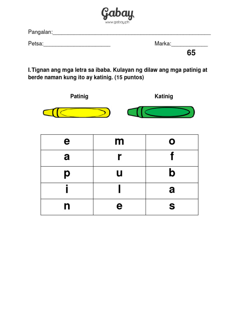 Friday Test Gabay-Filipino-Worksheet-Gr.-3-Modified-65pts | PDF