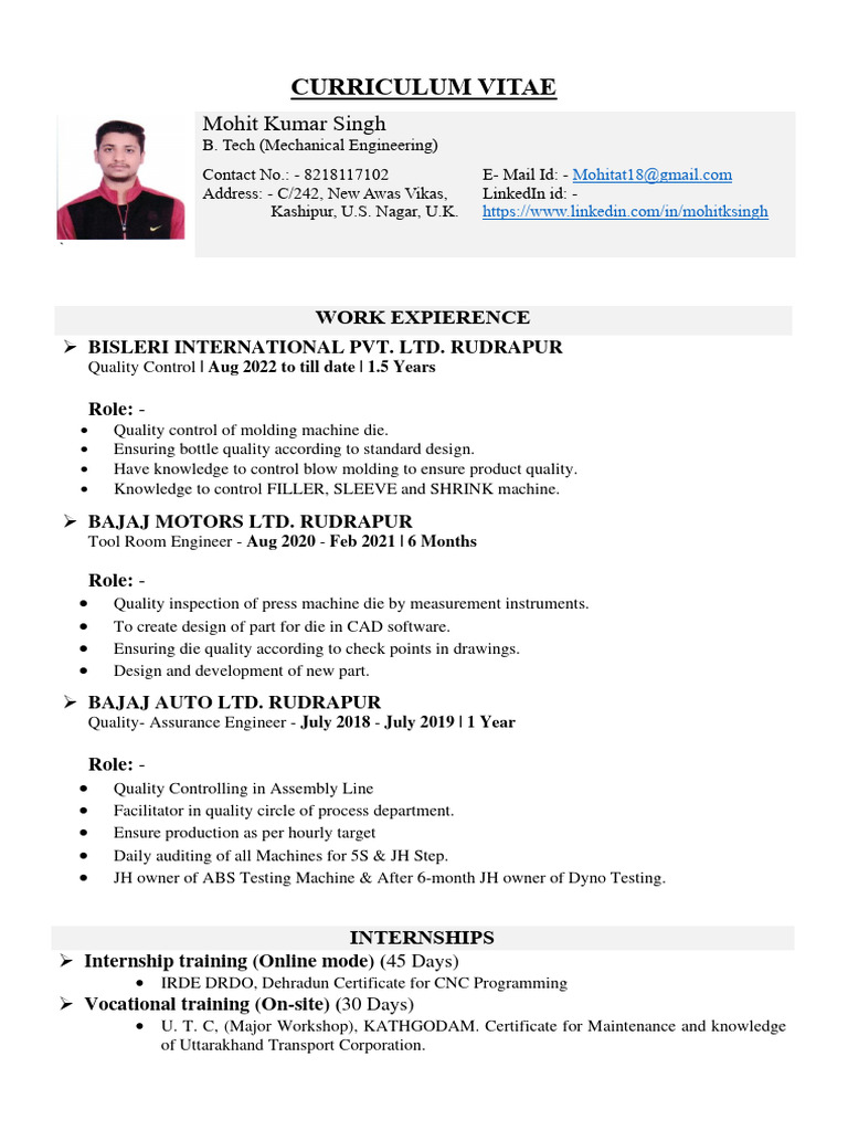 Mohit Kumar Singh CV | PDF | Engineering