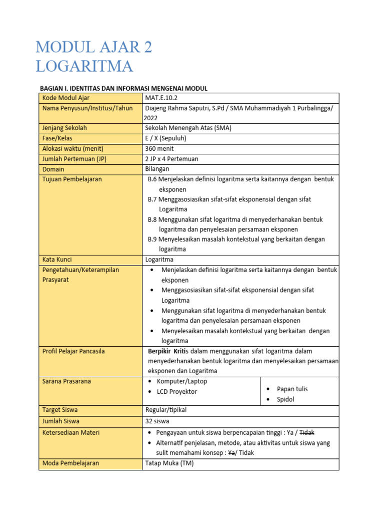 Modul Ajar 2 Logaritma | PDF | Karier & Perkembangan