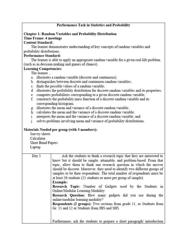 Performance Task in Statistics and Probability | PDF | Probability Distribution | Random Variable