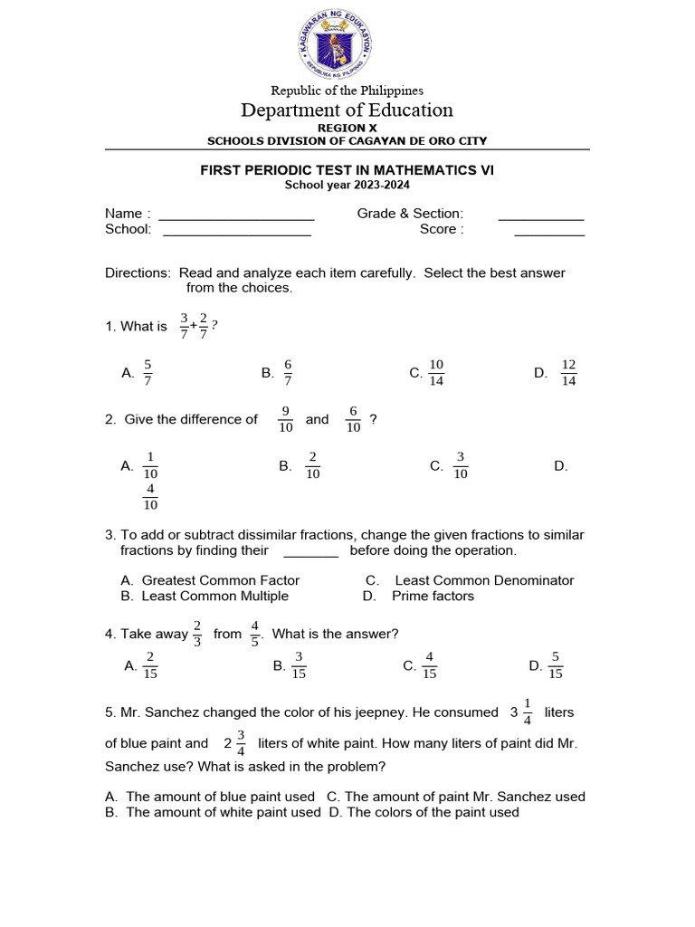 Math Grade - 6-1st - Exam-2023-2024 | PDF