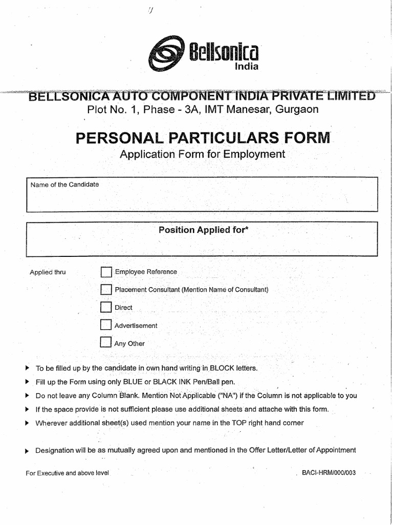 Personal Particular Form - BACI | PDF