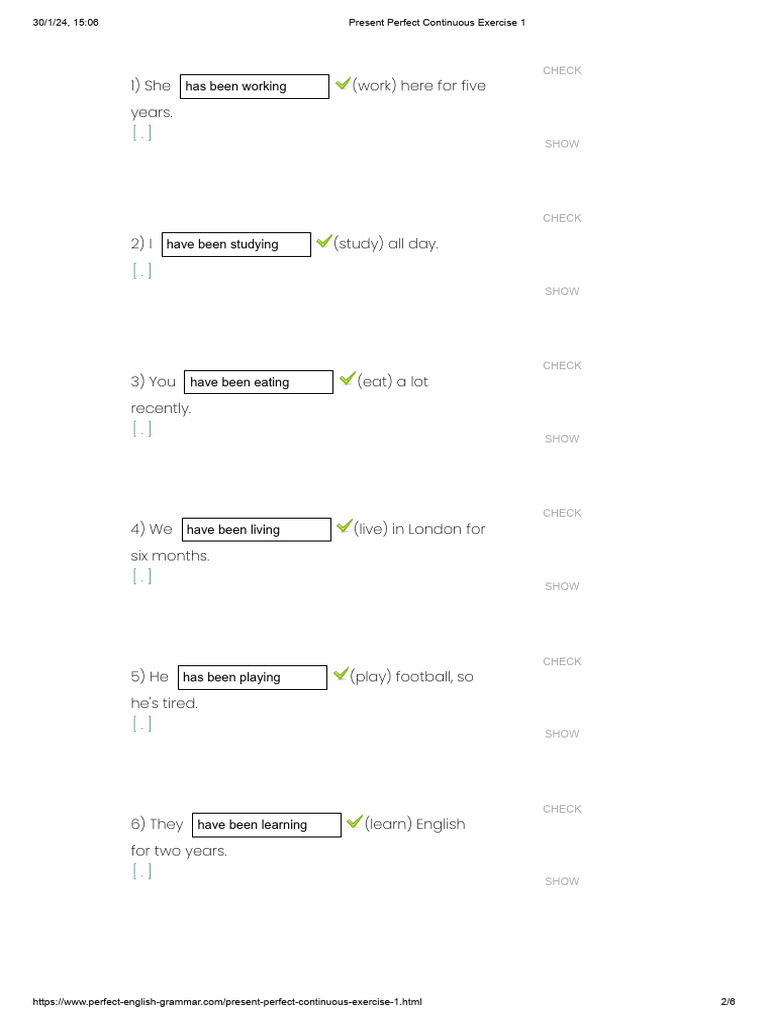 Present Perfect Continuous Exercise 1 Nicole Simbaña | PDF