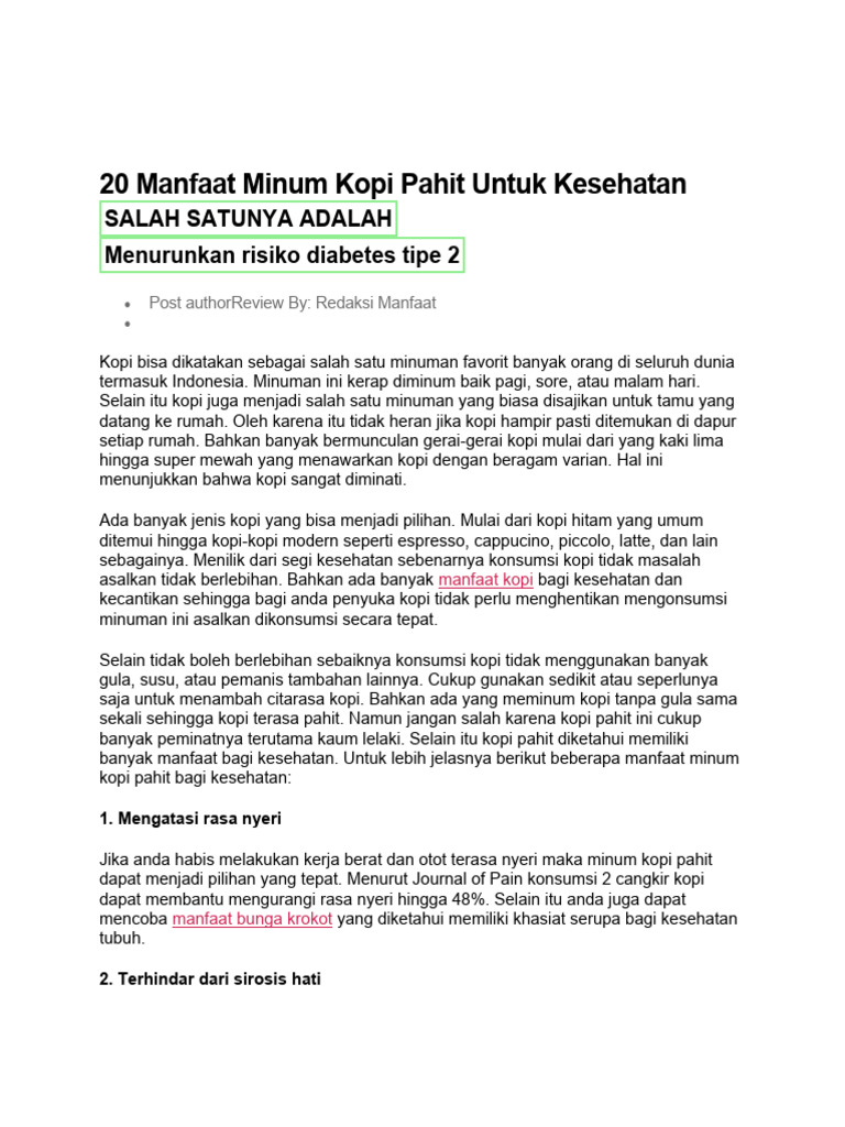 Manfaat Kesehatan Kopi Pahit | PDF