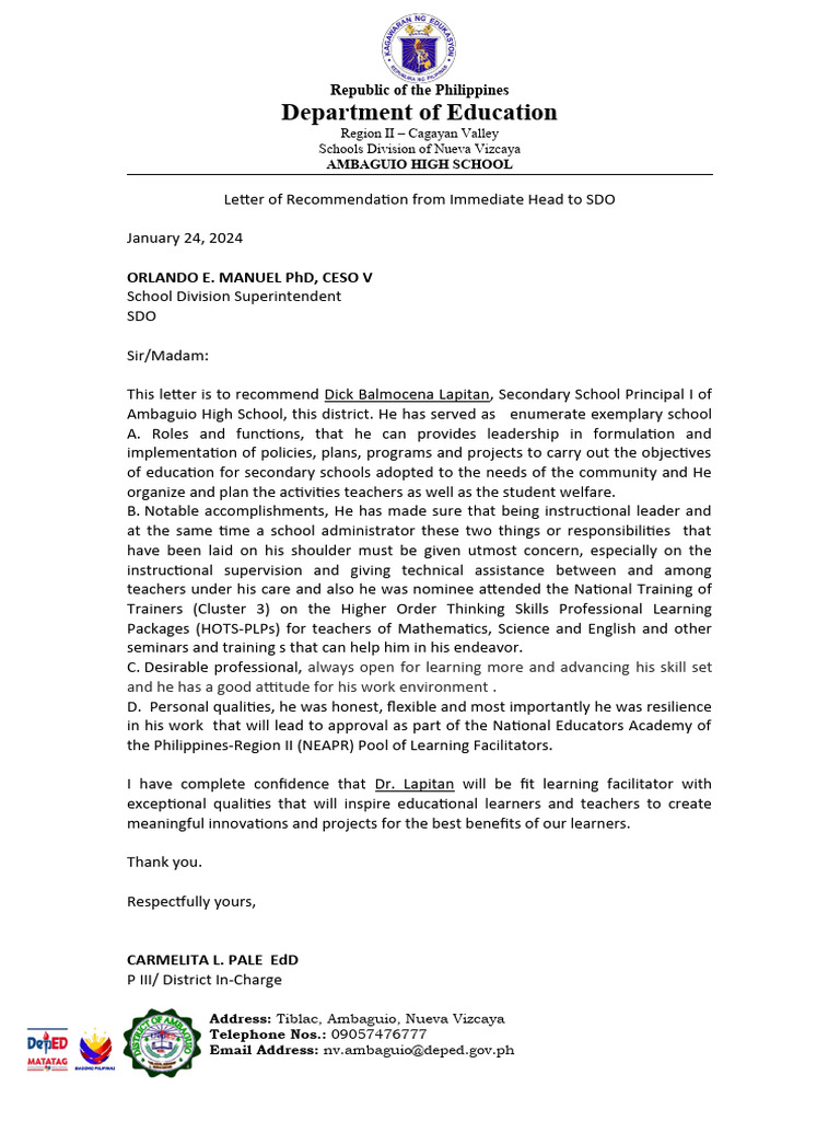 Letter of Recommendation From Immediate Head To SD | PDF | Career ...