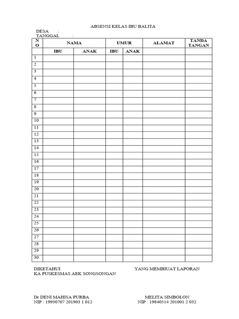 Absensi Kelas Ibu Balita | PDF