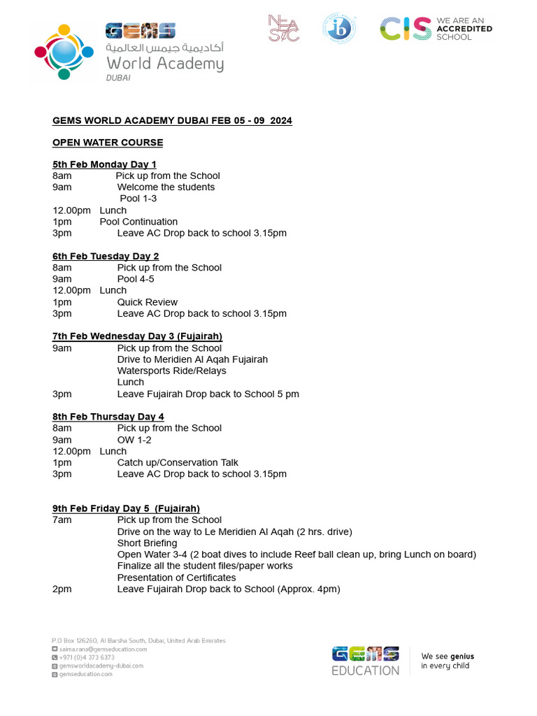 Diving Itinerary 2023-2024 | PDF | Underwater Diving Procedures ...