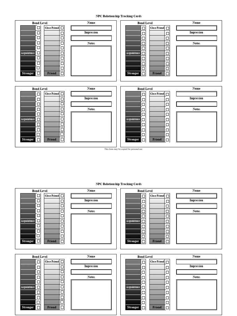 NPC Relationship Tracking Cards Formfillable | PDF
