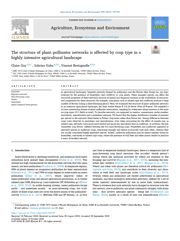 The Structure of Plant-Pollinator Networks Is Affected by Crop Type in ...