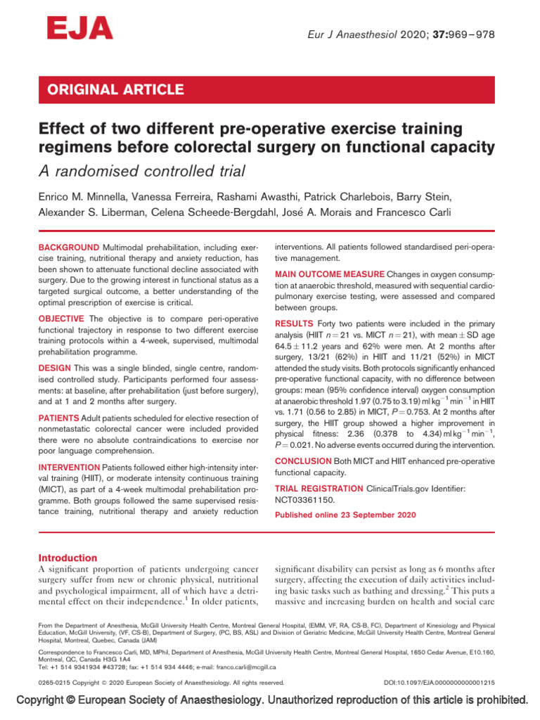 Effect of Two Different Pre-Operative Exercise Training Regimens Before ...