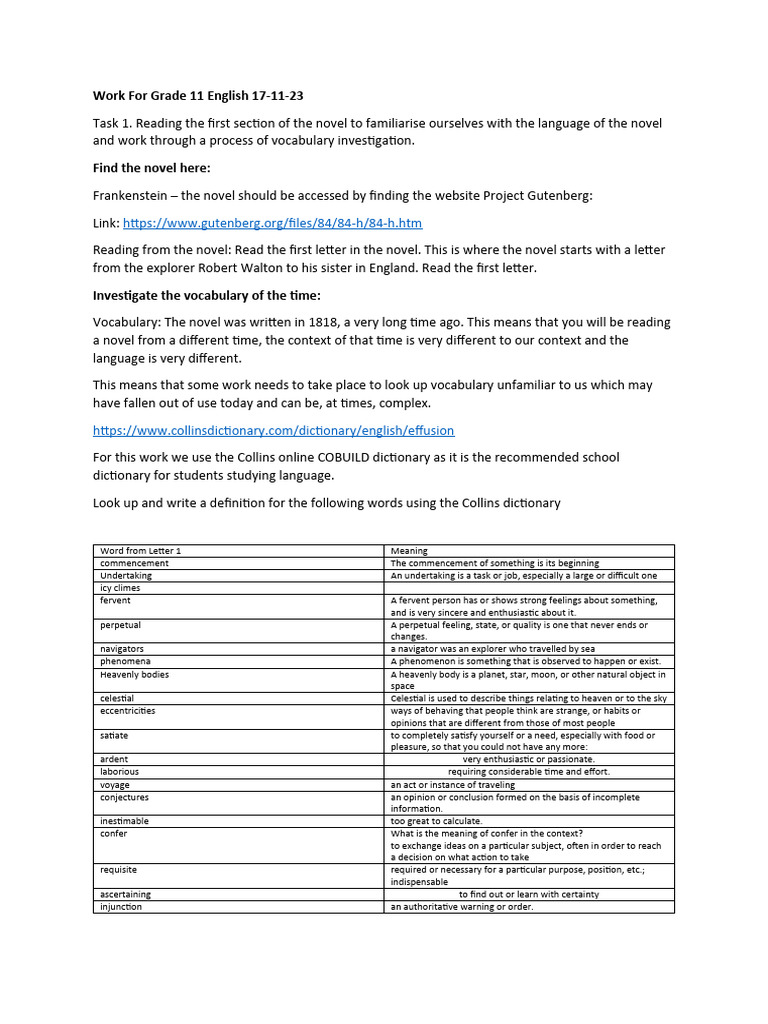 Work For Grade 11 English 17 | PDF | Frankenstein | Vocabulary