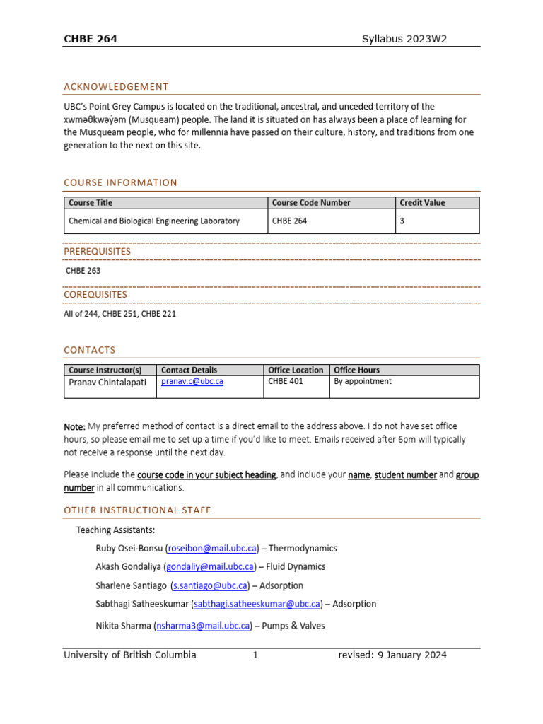 CHBE 264 Syllabus 2024 | PDF | Experiment | Laboratories