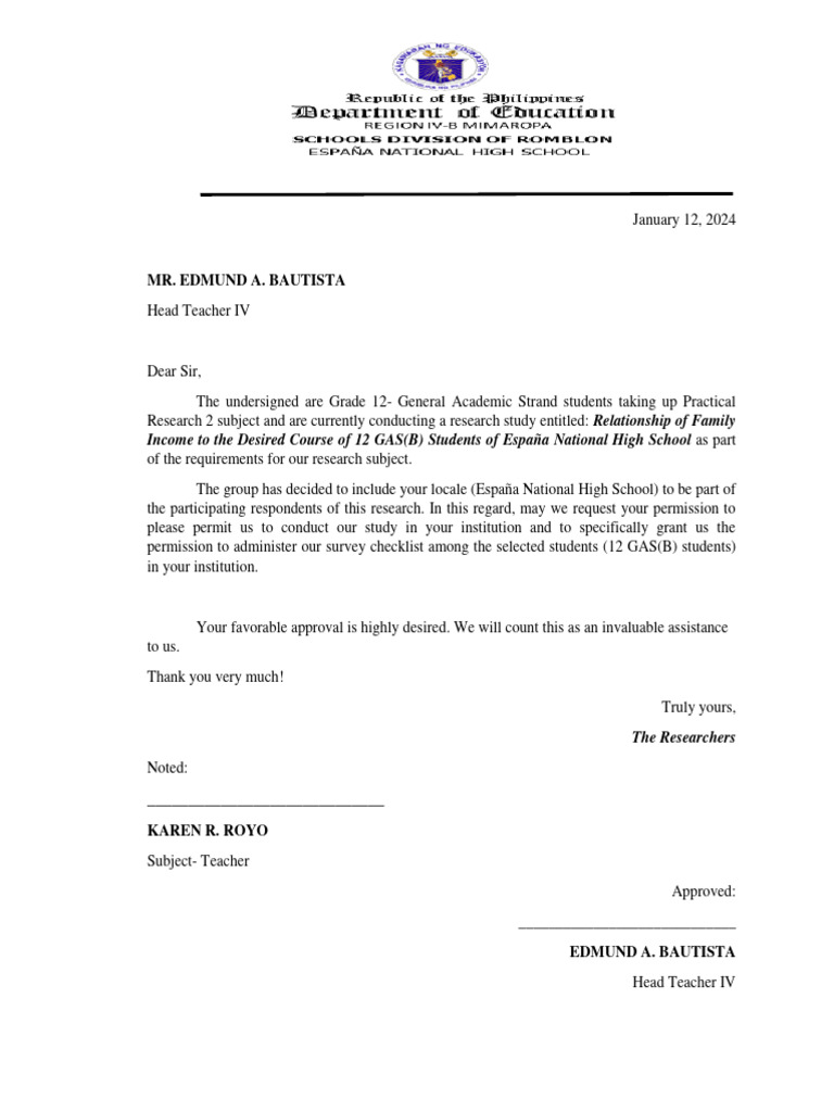 Permission Letter - Survey Questionnaire Group4 | PDF | Bachelor Of Science | Engineering